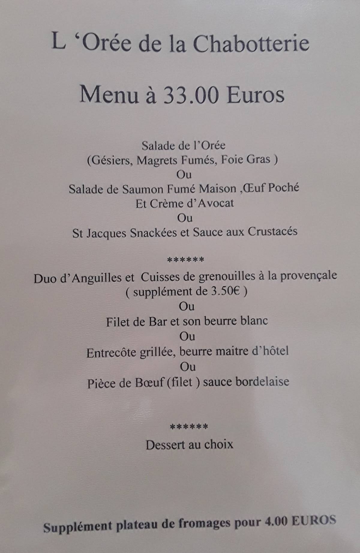 Menu au L'Orée de la Chabotterie restaurant, Saint-Sulpice-le-Verdon, L ...