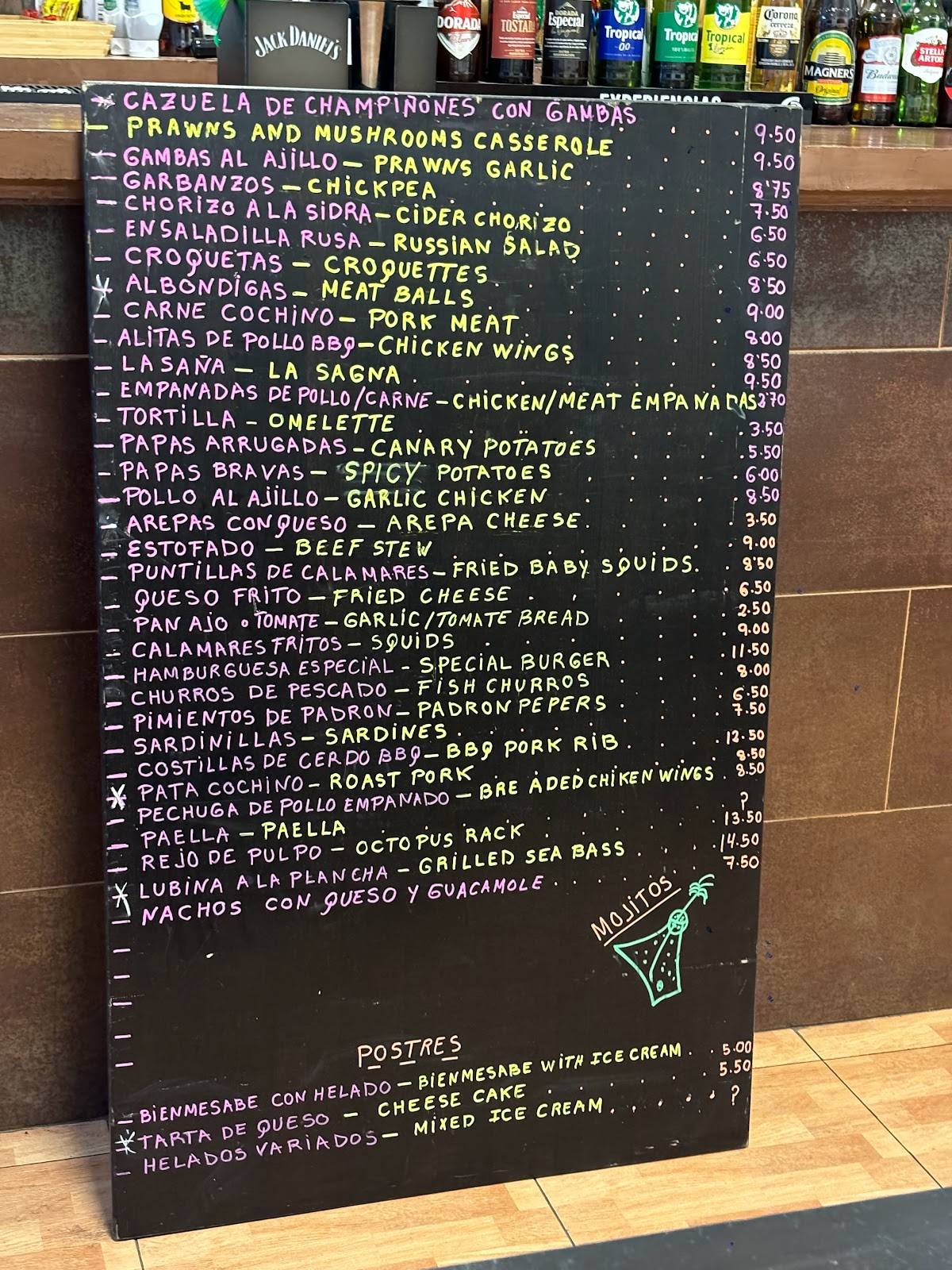 Carta del pub y bar La Aldea, Playa Blanca
