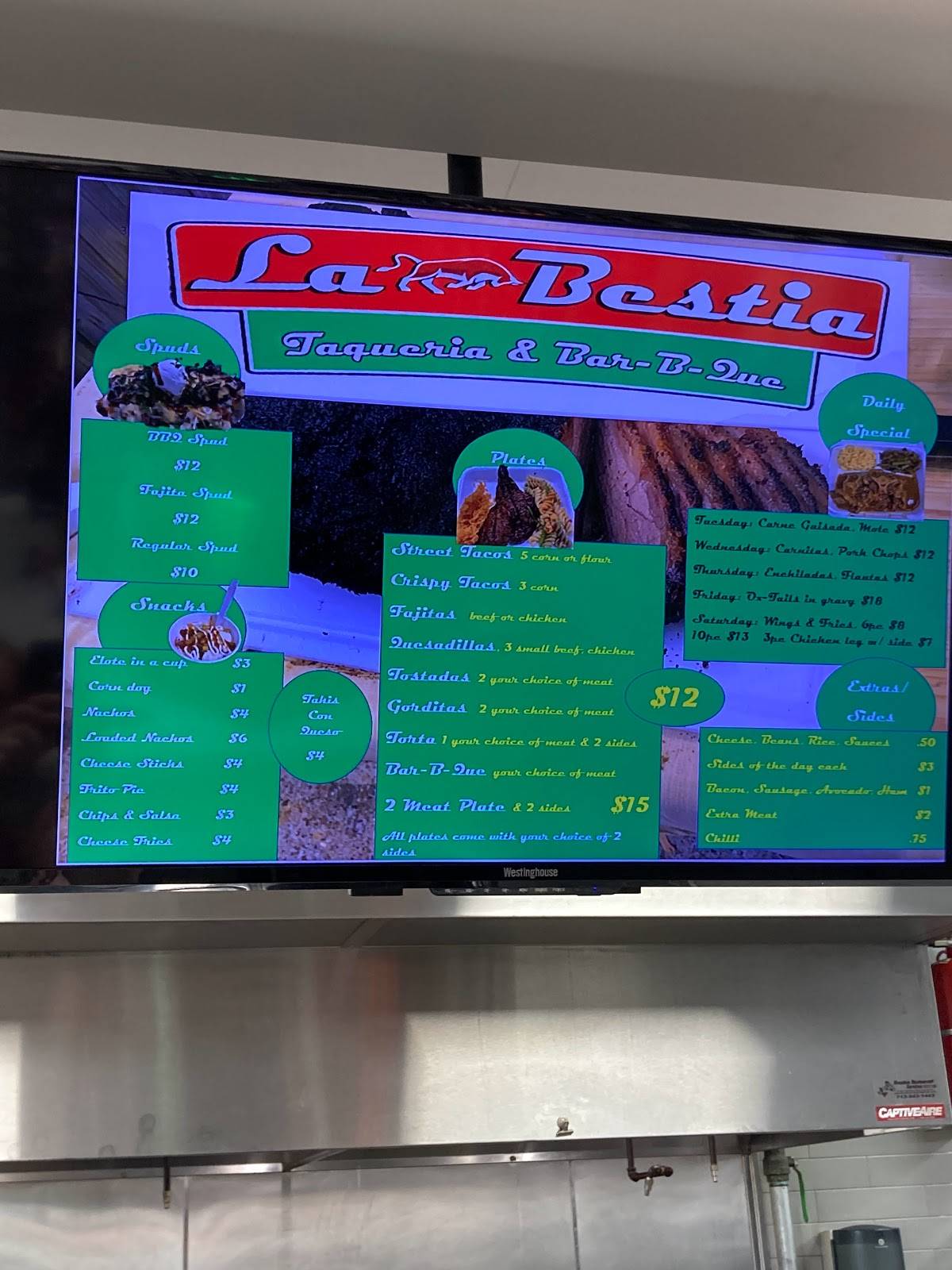 Menu at La Bestia Taqueria & Bar-B-Que, Texas City