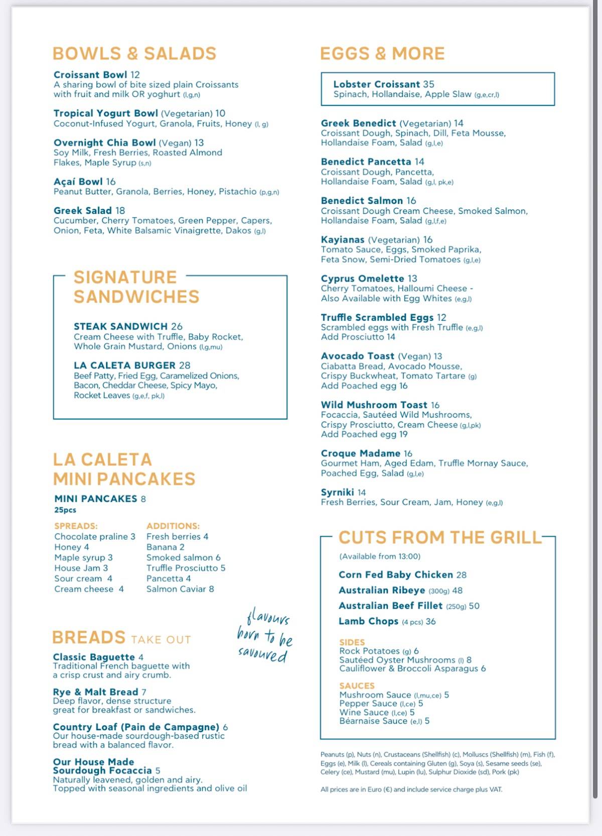 Menu at La Caleta, Germasogeia