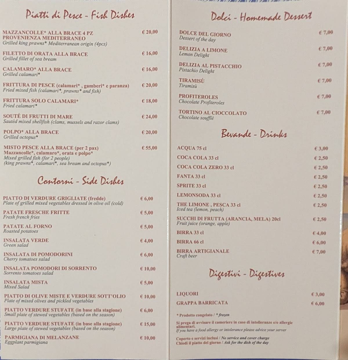 Menu at La Cantinaccia del Popolo restaurant, Sorrento