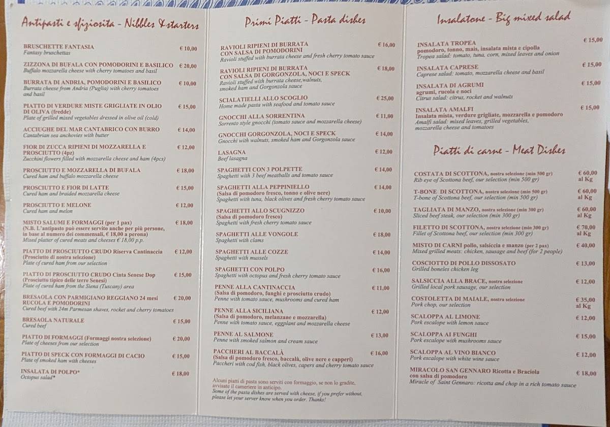 Menu at La Cantinaccia del Popolo restaurant, Sorrento