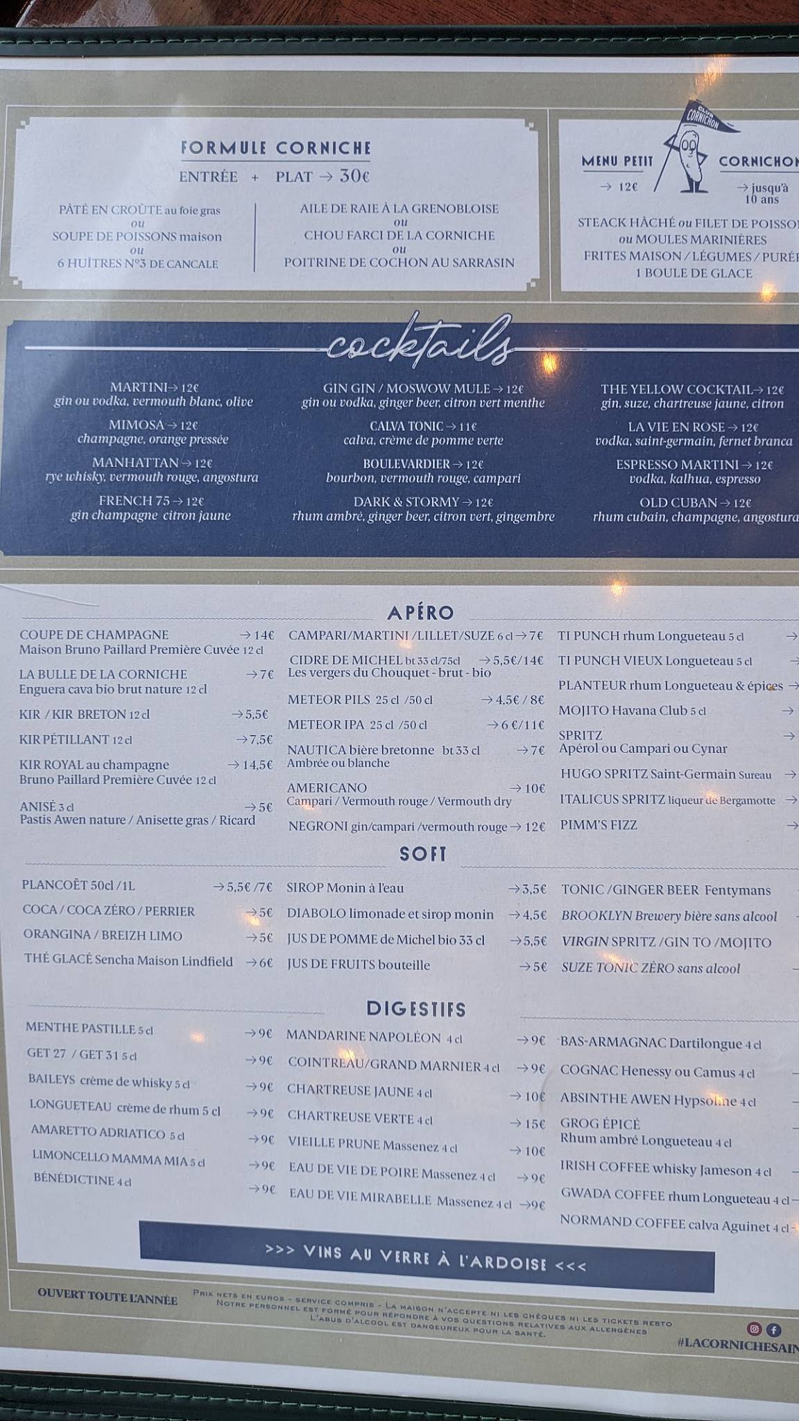Menu au La Corniche restaurant, Saint-Malo