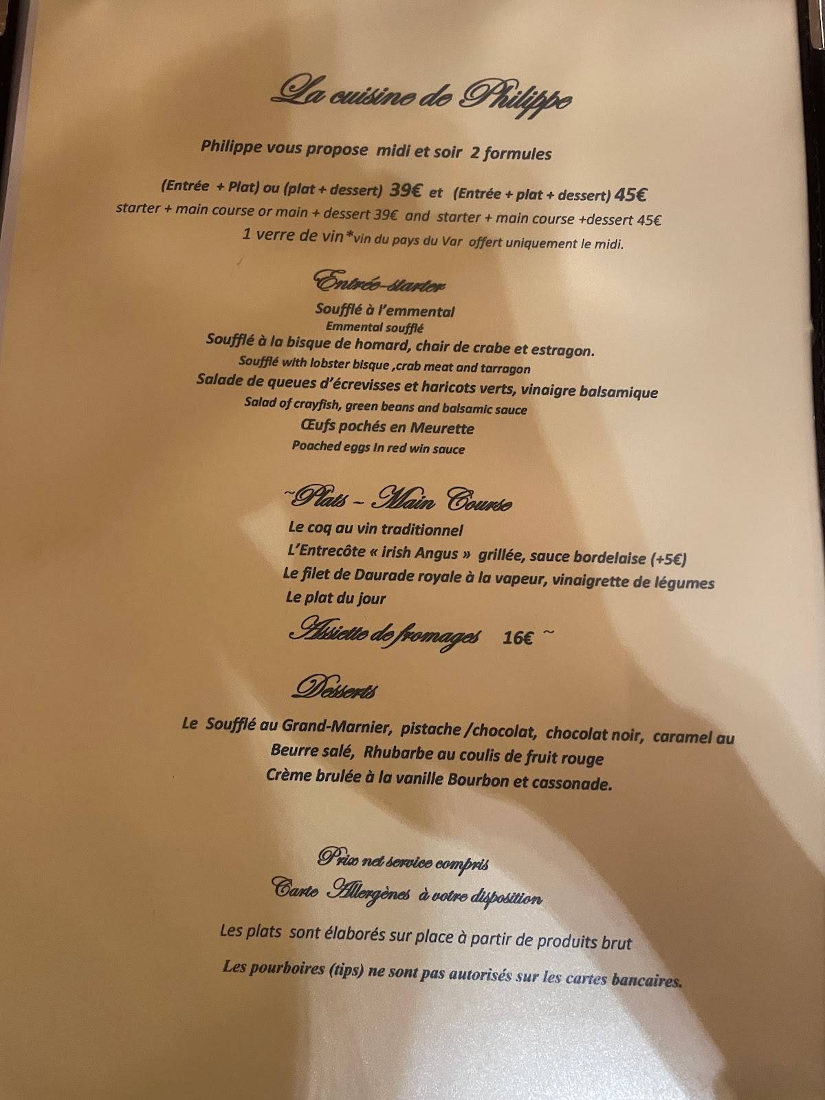Menu at La Cuisine de Philippe restaurant, Paris, 25 Rue Servandoni