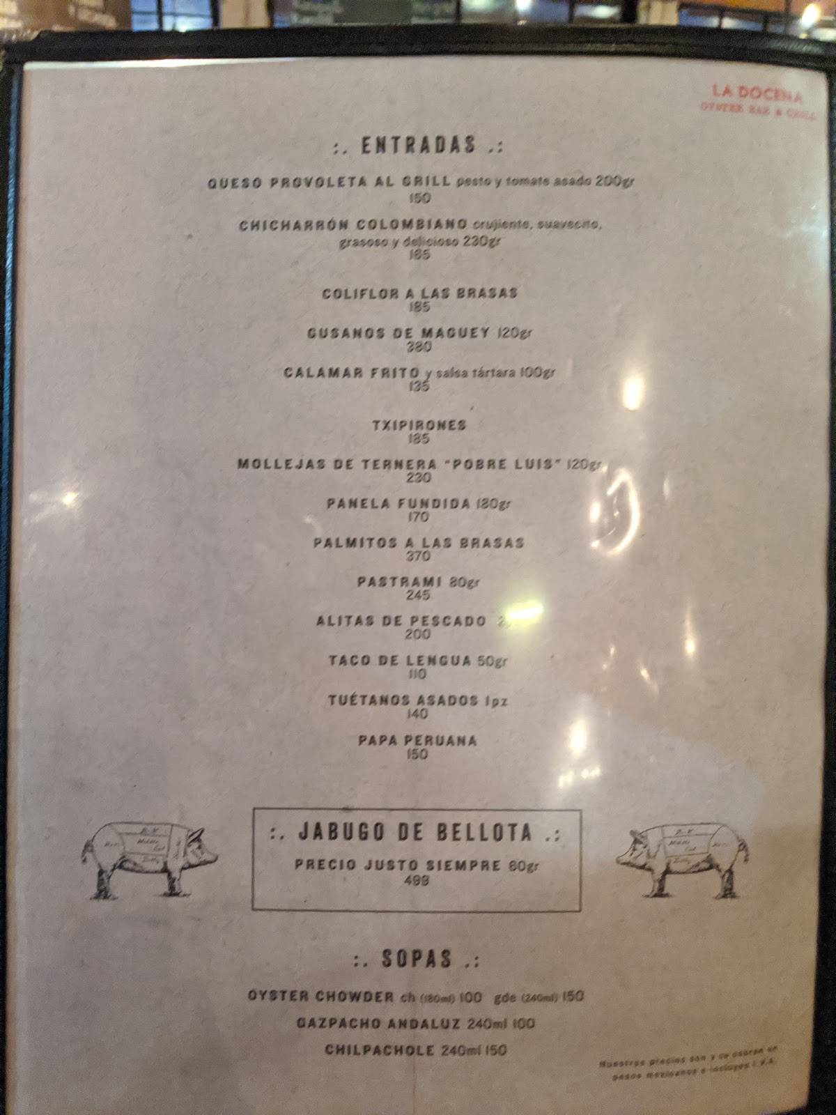 Menu at La Docena restaurant, Ciudad López Mateos, Av. Álvaro Obregón 31