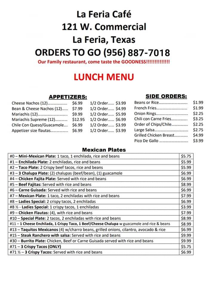 Menu at La Feria Cafe, La Feria