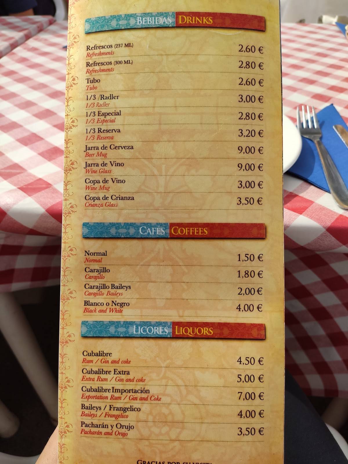 Carta del restaurante La Fuente del Hervidero - El Macareno, España
