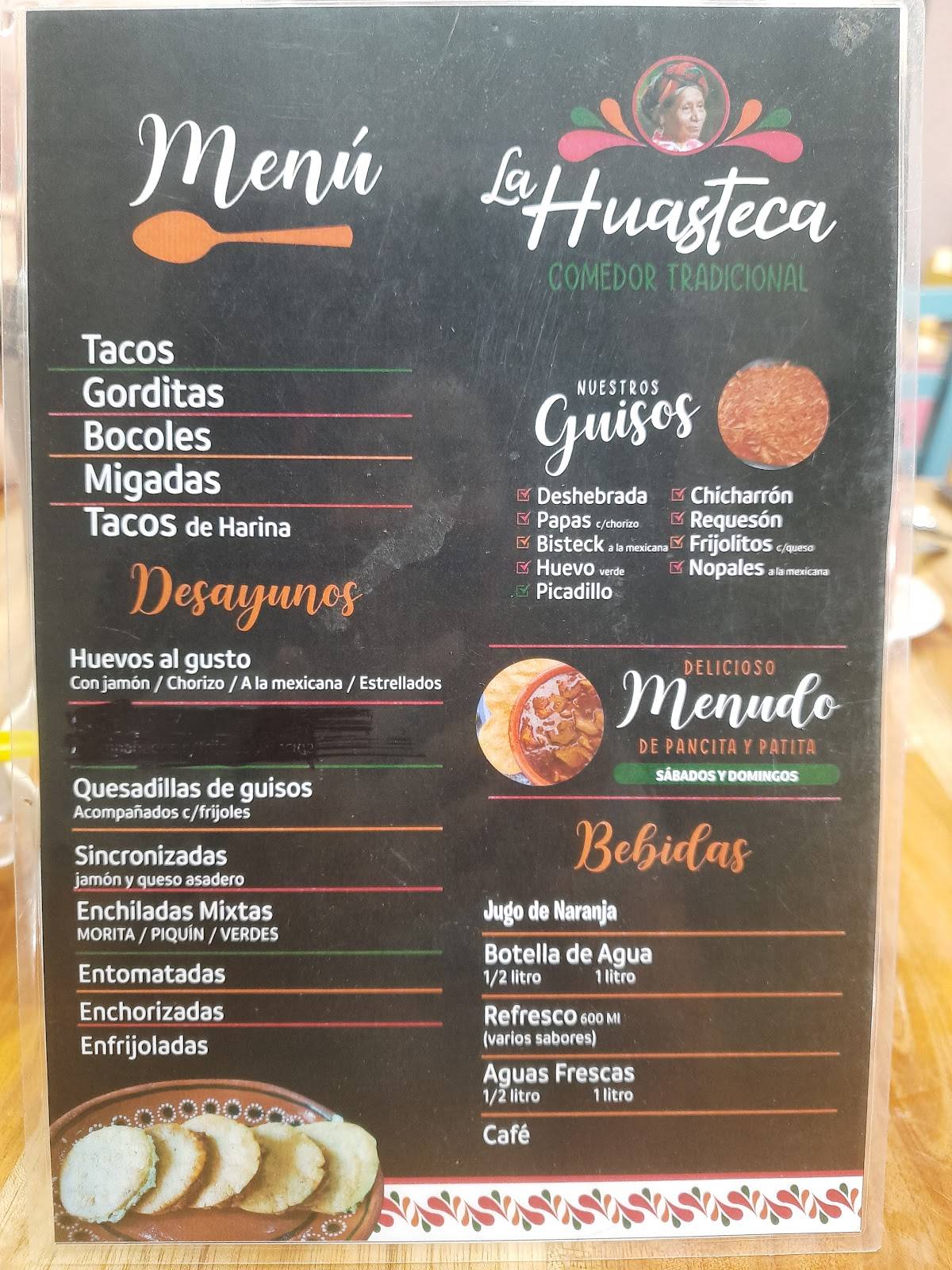 Carta del restaurante La Huasteca, Comedor Tradicional, Tamuín