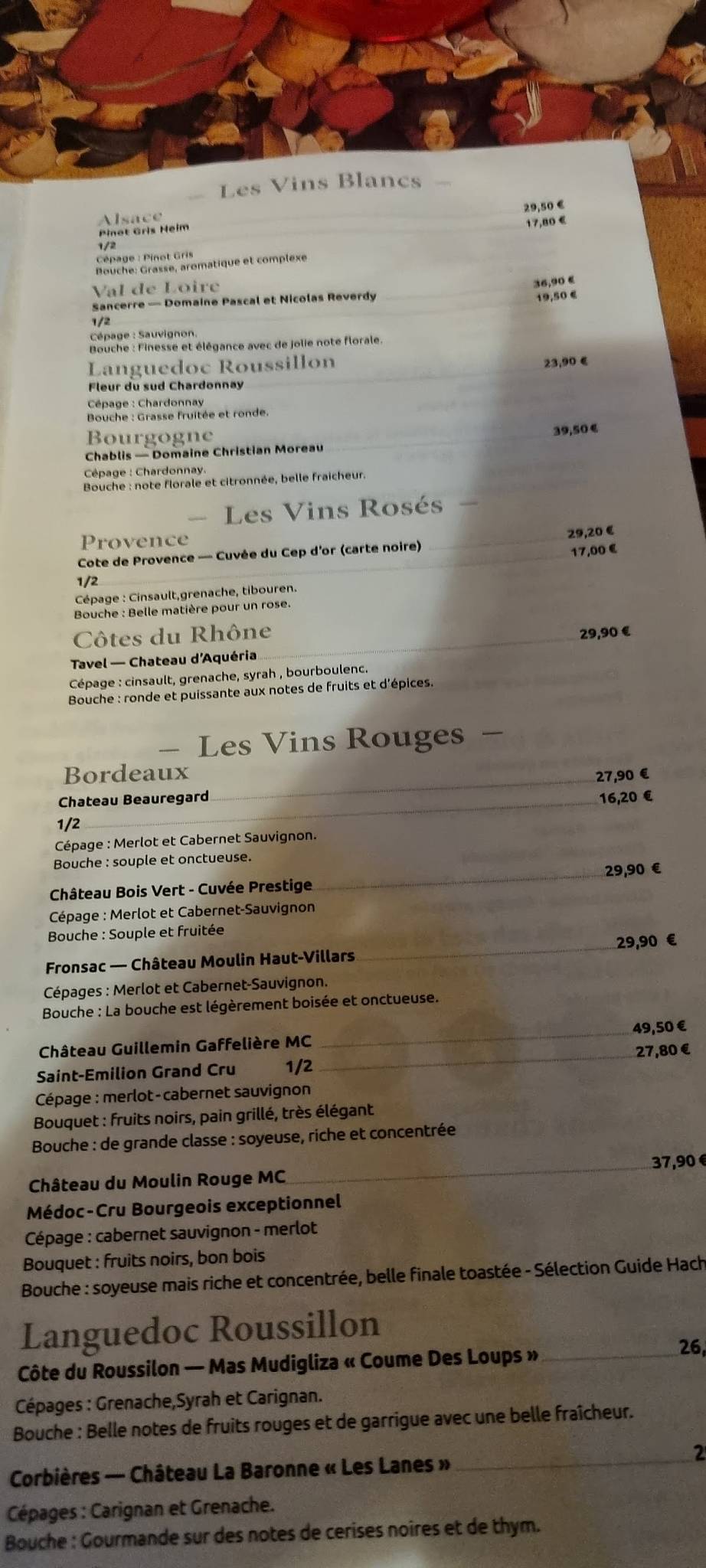 Menu au La Maison du Berger, Jurbise