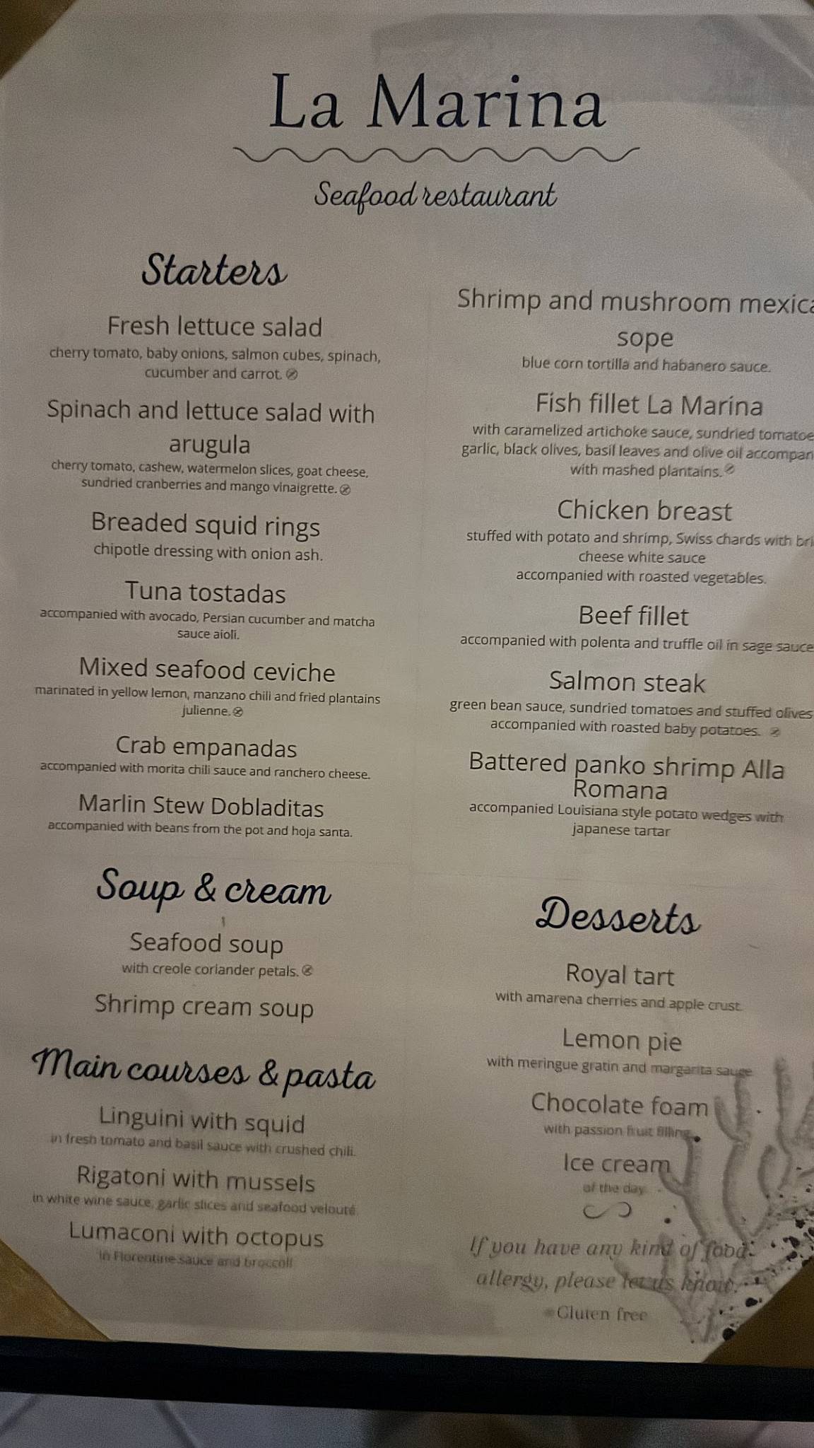 Menu at La Marina restaurant, Puerto Morelos