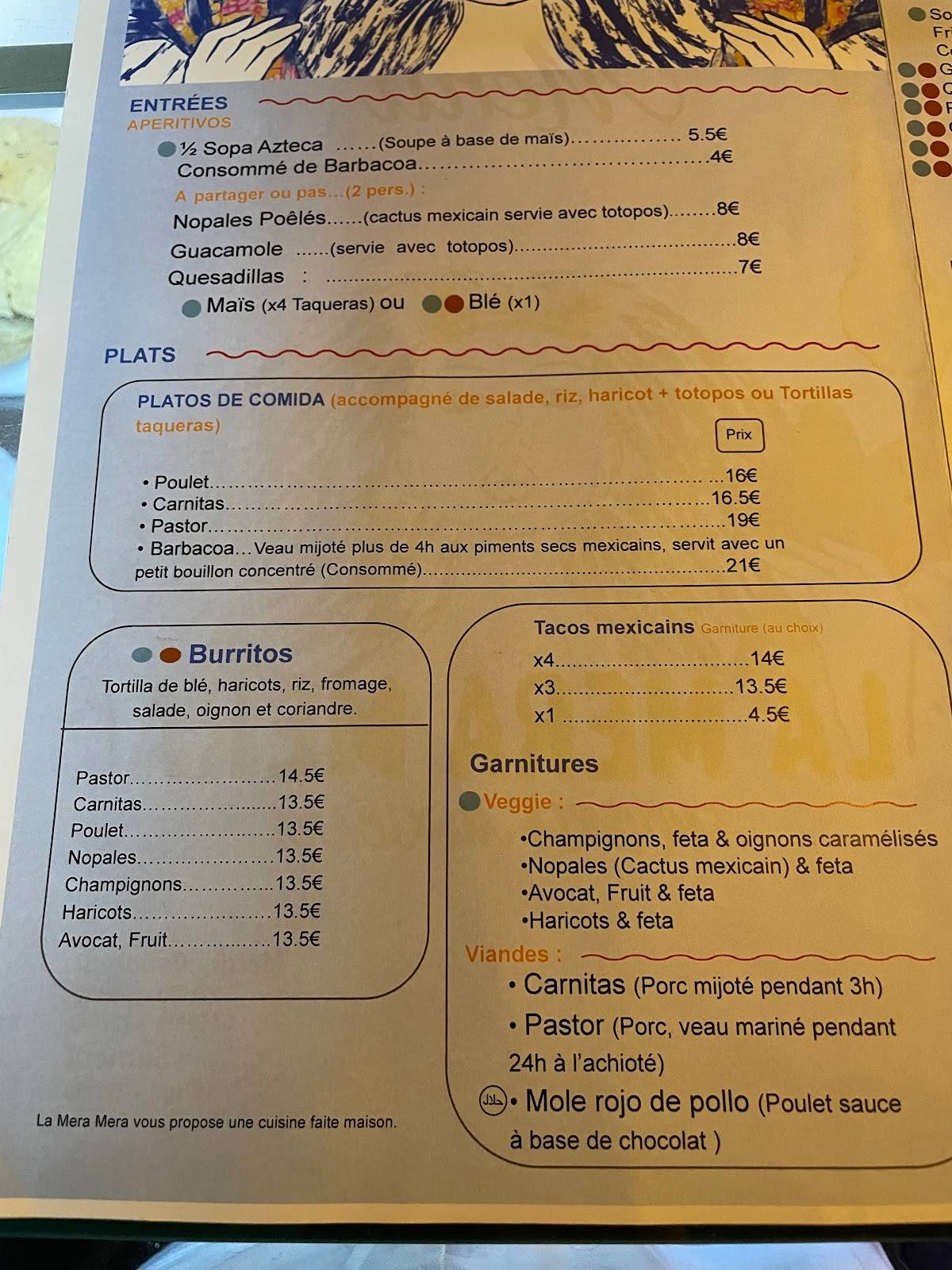 Menu at La Mera Mera restaurant, Paris