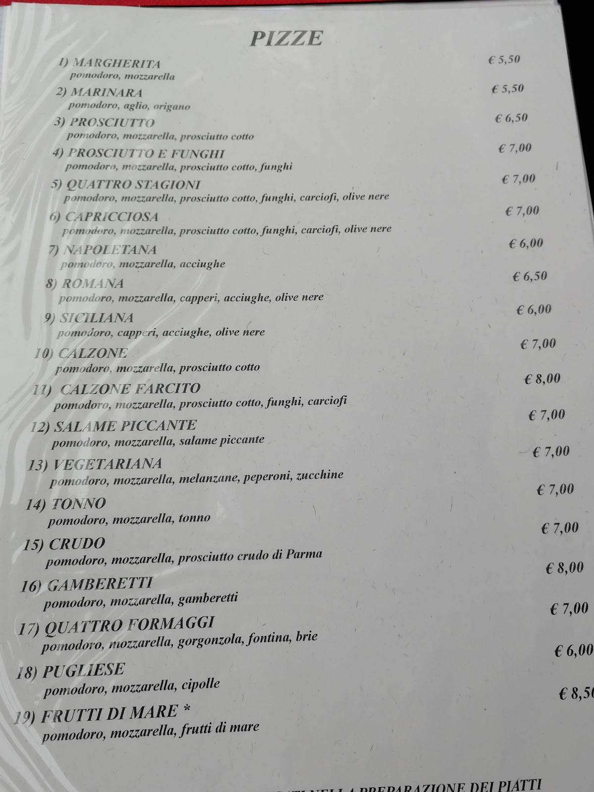 Menu au La Mimosa pizzeria, Crevoladossola