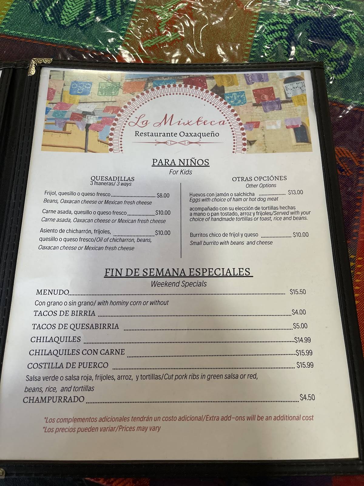 Carta de La Mixteca Restaurante Oaxaqueño, Oxnard