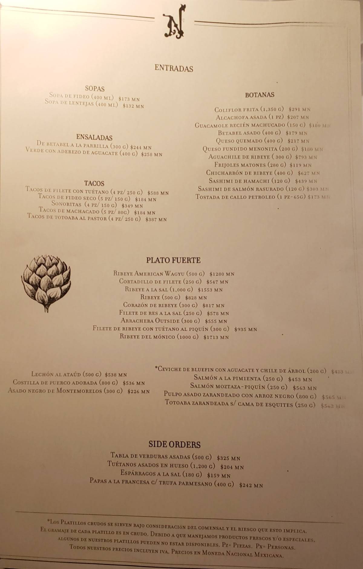 Carta del restaurante La Nacional, Monterrey, Avenida San Jeronimo #1106