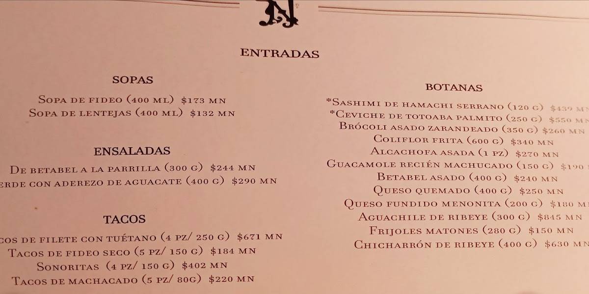 Menu at La Nacional restaurant, Monterrey, Av San Jerónimo 1106