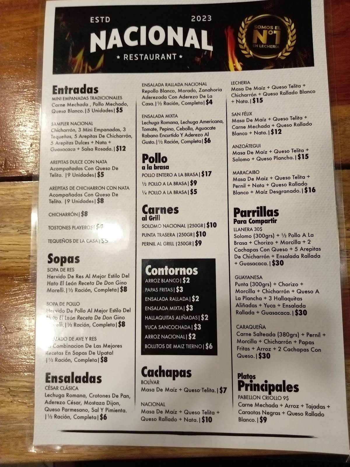 Carta del restaurante La Nacional, Monterrey, Avenida San Jeronimo #1106