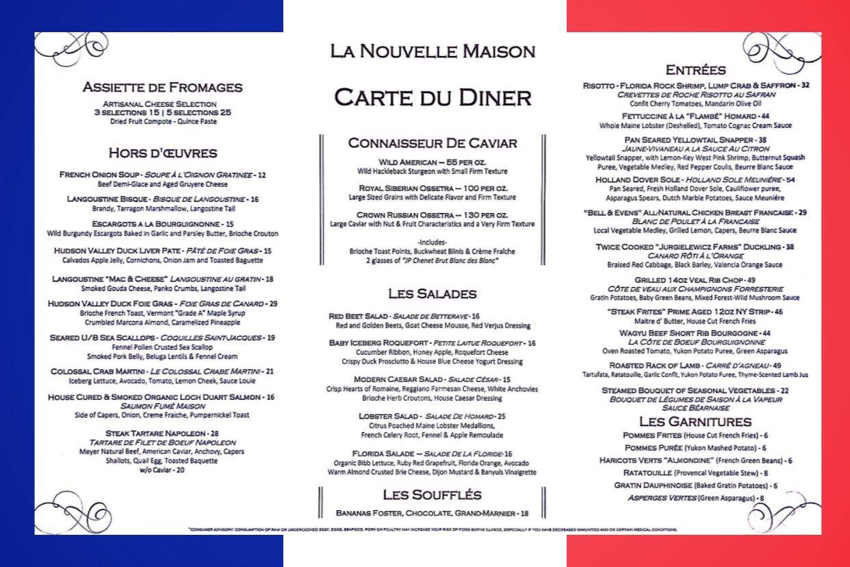 Menu at La Nouvelle Maison restaurant, Boca Raton