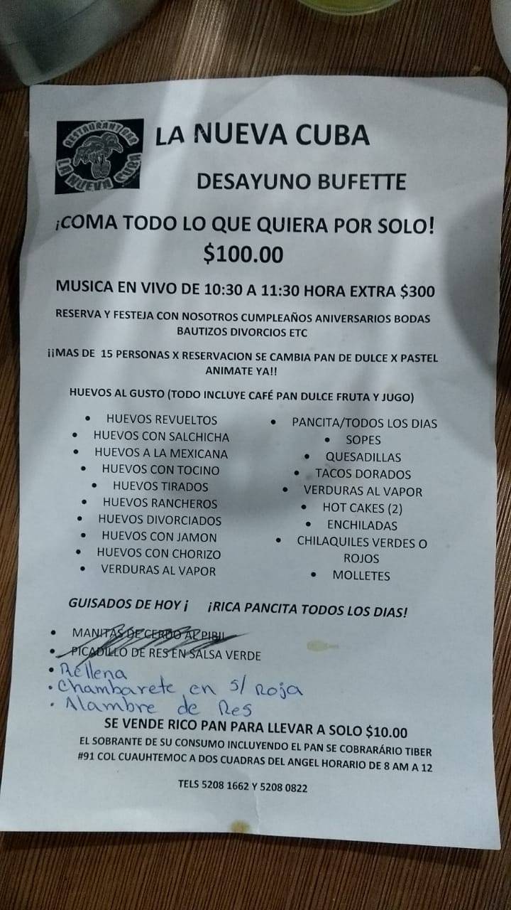 Carta del restaurante La Nueva Cuba Tiber, Ciudad del México, C. Río ...