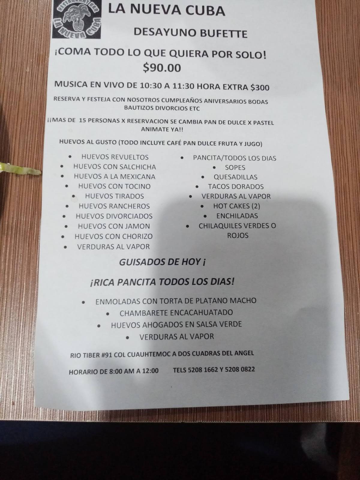 Carta del restaurante La Nueva Cuba Tiber, Ciudad del México, C. Río ...