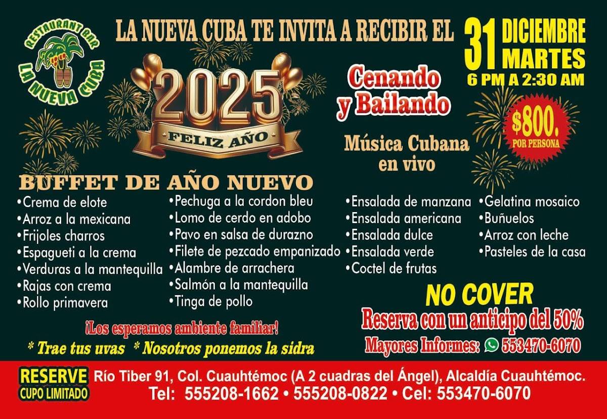 Carta del restaurante La Nueva Cuba Tiber, Ciudad del México, C. Río ...
