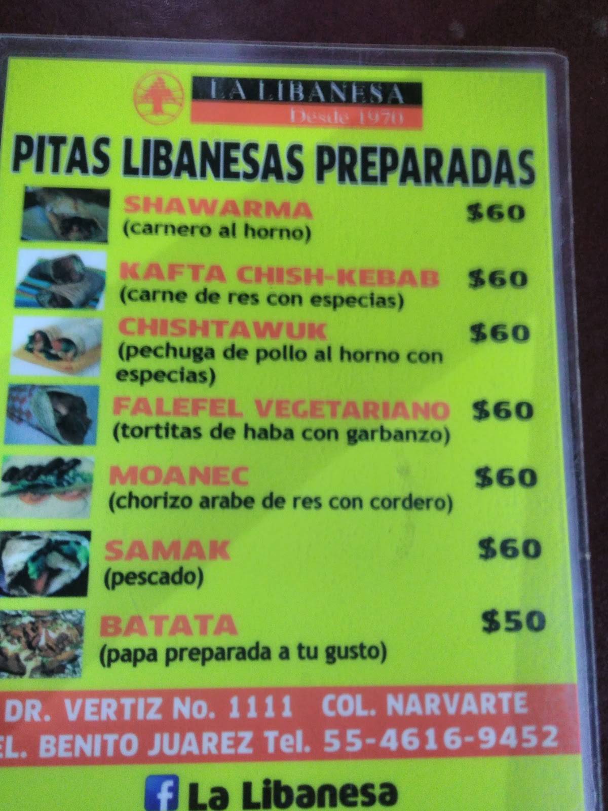 Carta del restaurante La Nueva Libanesa, Ciudad del México, C. Dr. José ...