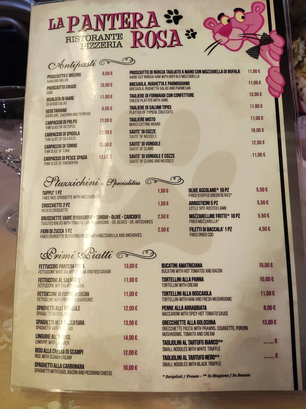 Menu da La Pantera Rosa ristorante, Roma, Piazzale del Verano