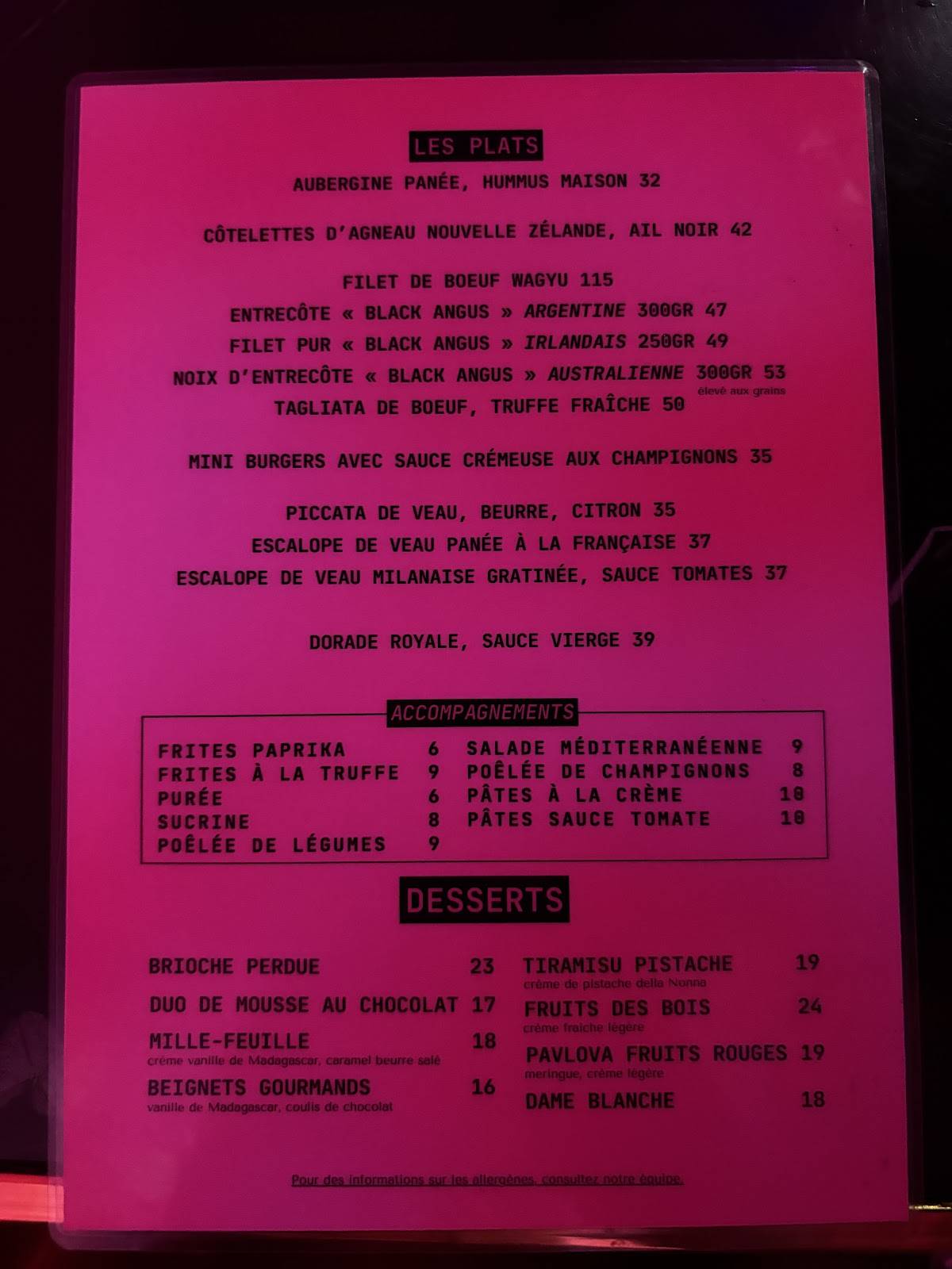 Menu au La Parisienne restaurant, Bruxelles, Av. Louise 156
