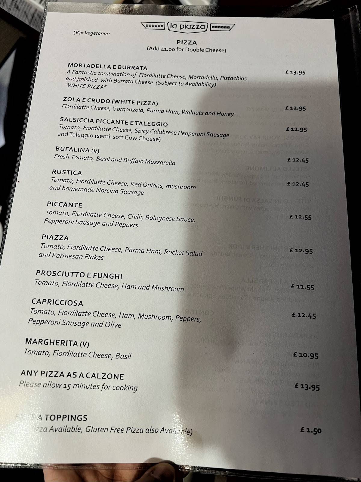 Menu at La Piazza restaurant, Edinburgh, 97-99 Shandwick Pl