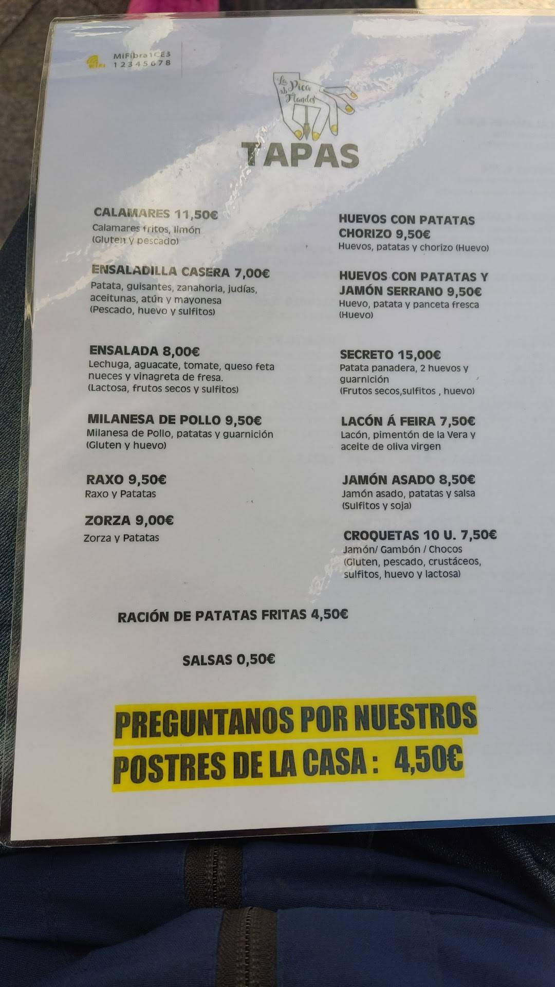 Carta del pub y bar La Pica del Flandes, Vigo