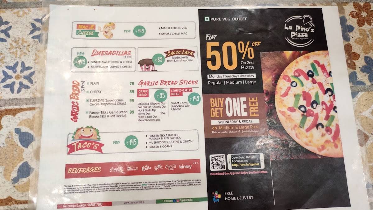 Menu at La Pino’z Pizza, A V Road, Anand