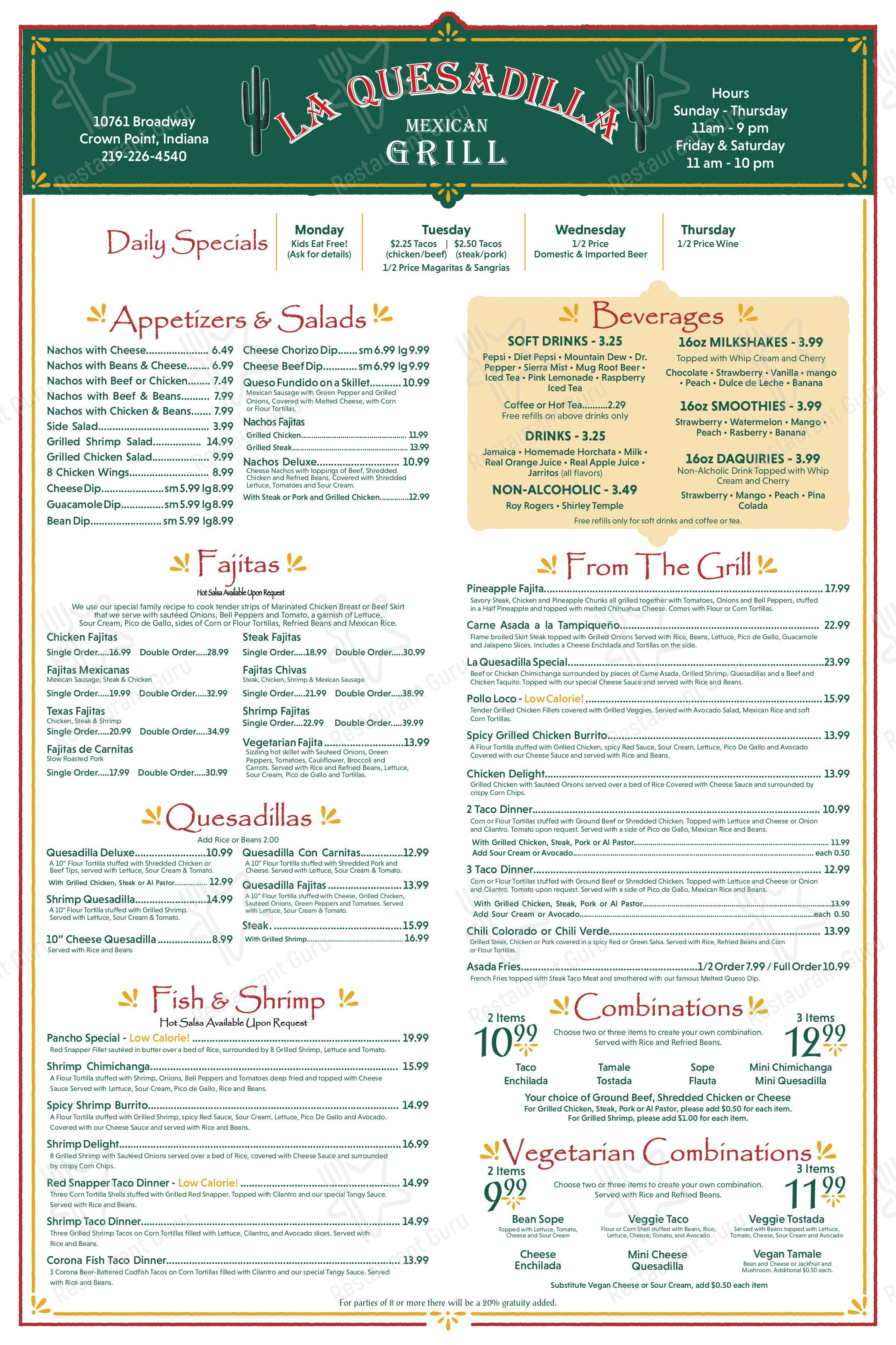 Menu at La Quesadilla Mexican Grill restaurant, Saint John