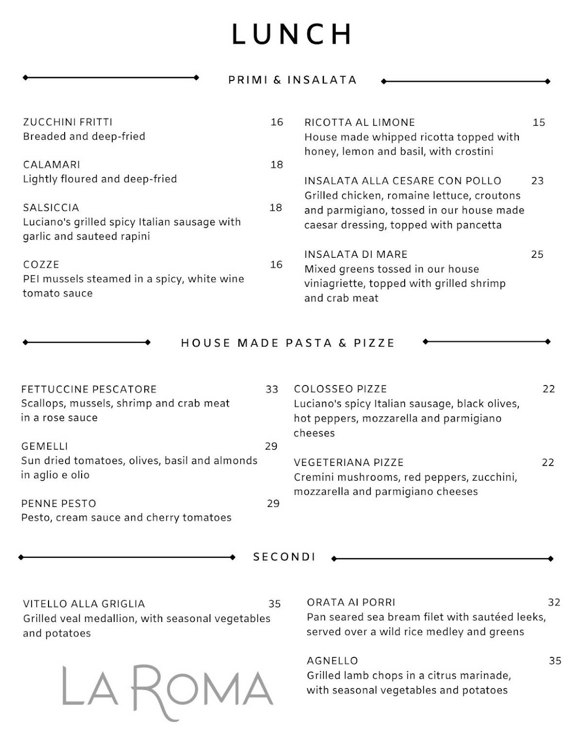 Menu au La Roma restaurant, Ottawa