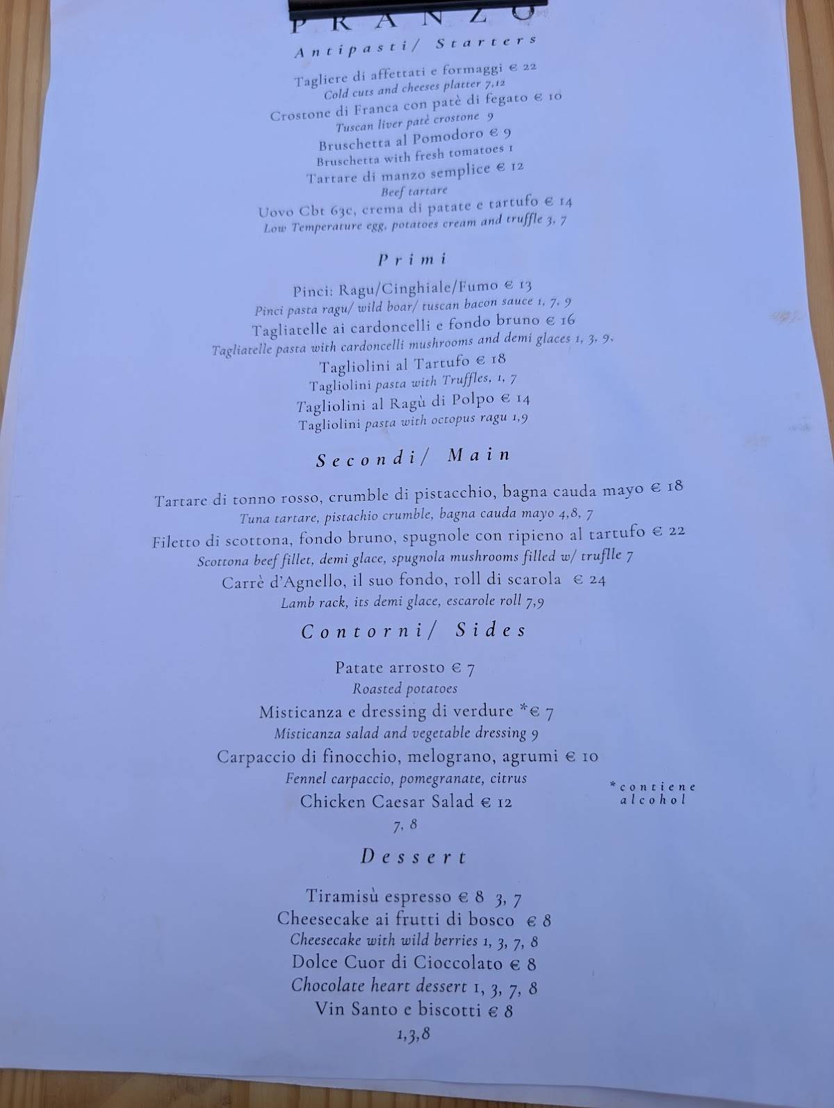 Menu at La Sosta Bar, Montalcino