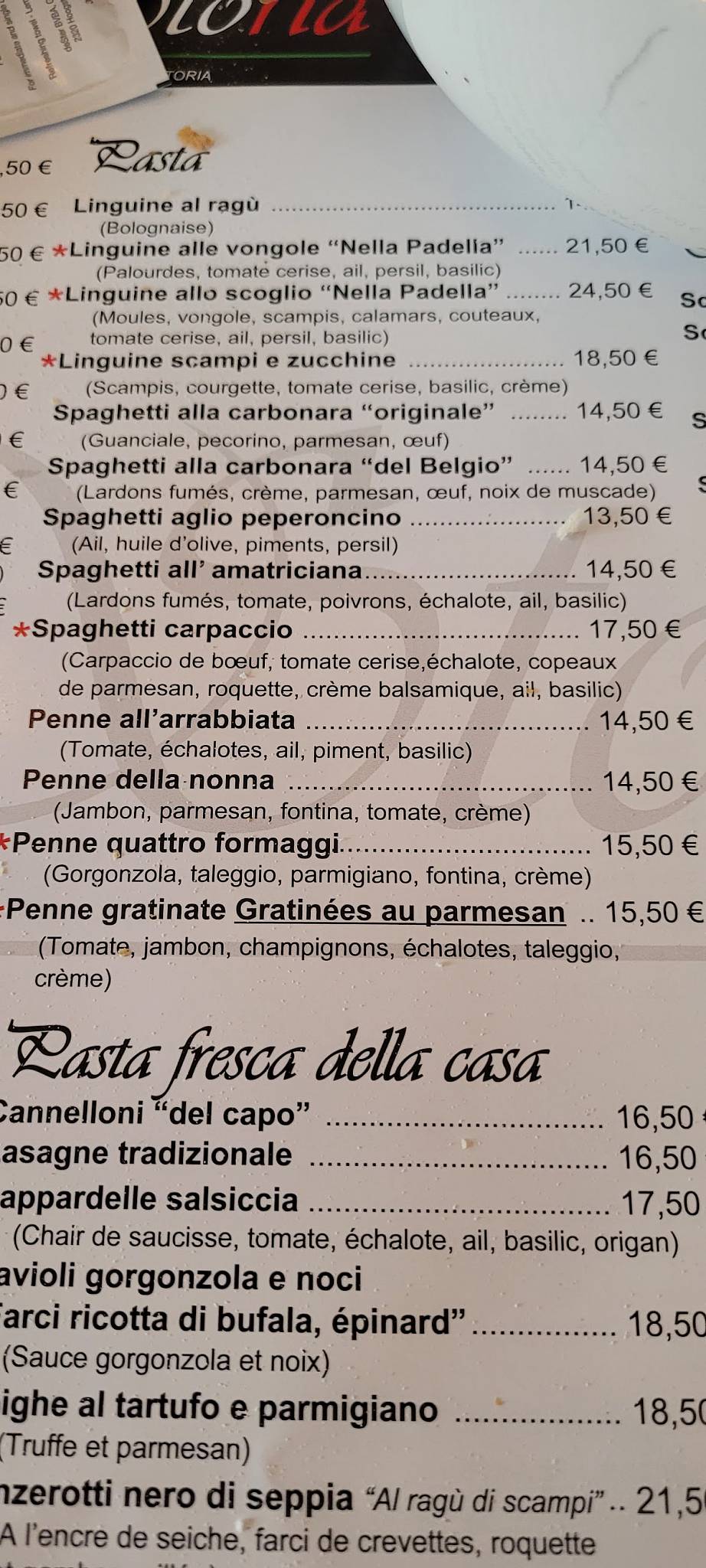 Menu au La Storia, Genappe