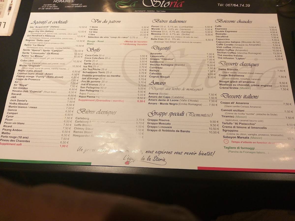 Menu au La Storia restaurant, Genappe
