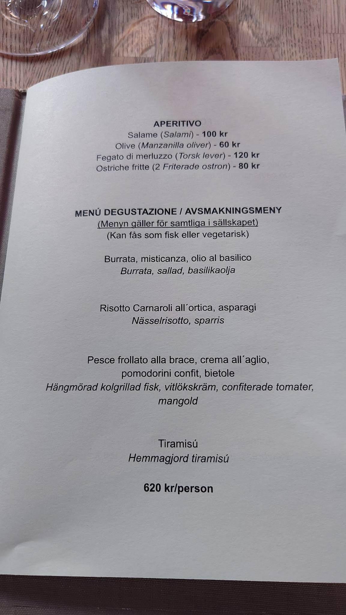 Menu at La Strega restaurant, Gothenburg, Aschebergsgatan 23B