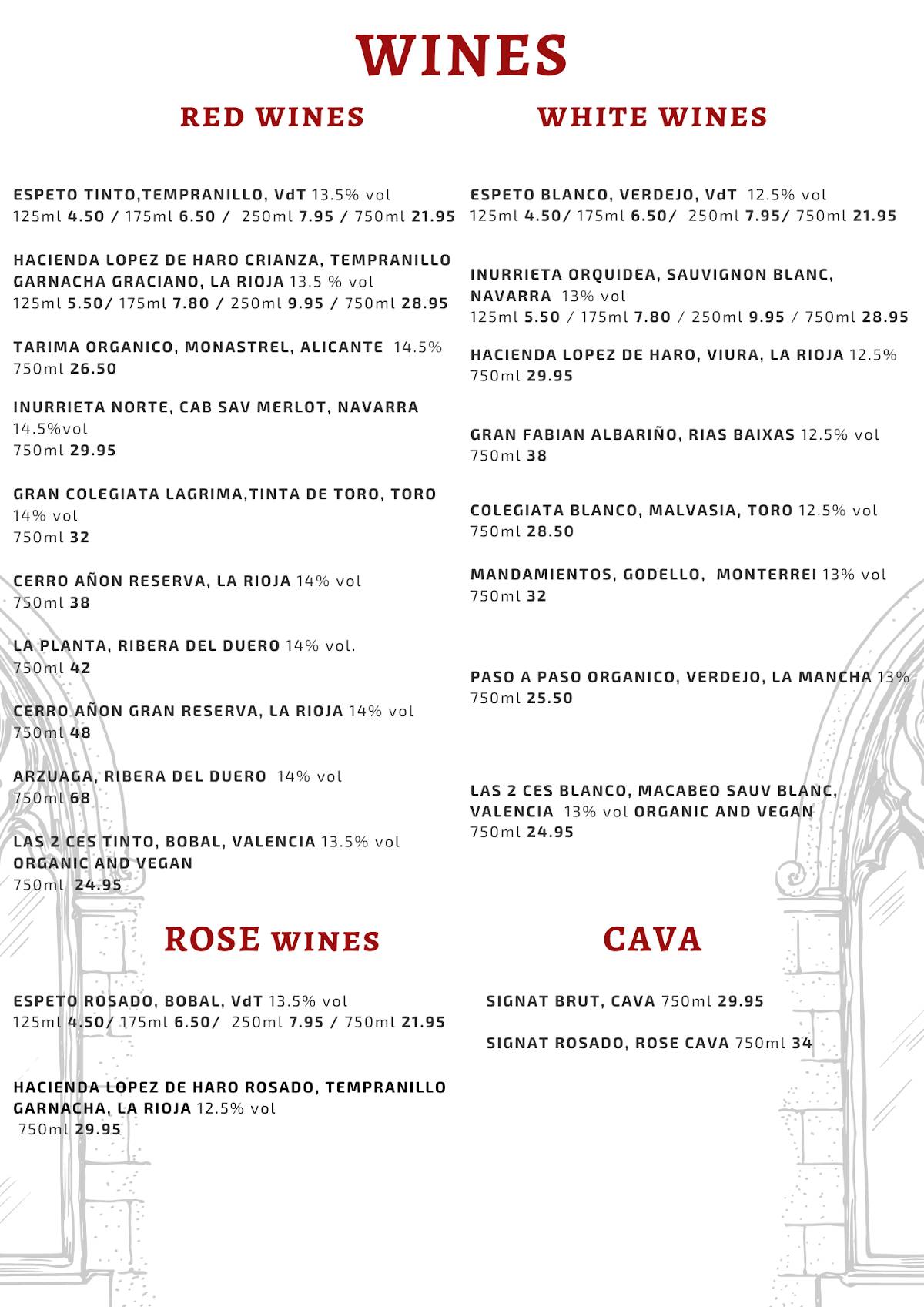 Menu at La Taberna restaurant, Maidstone