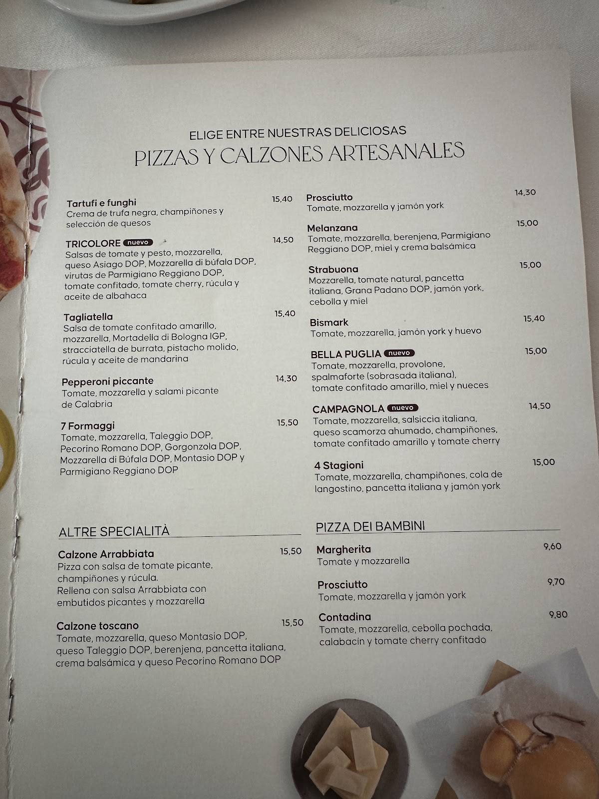 Carta de Restaurante La Tagliatella, Majadahonda, calle de los biólogos