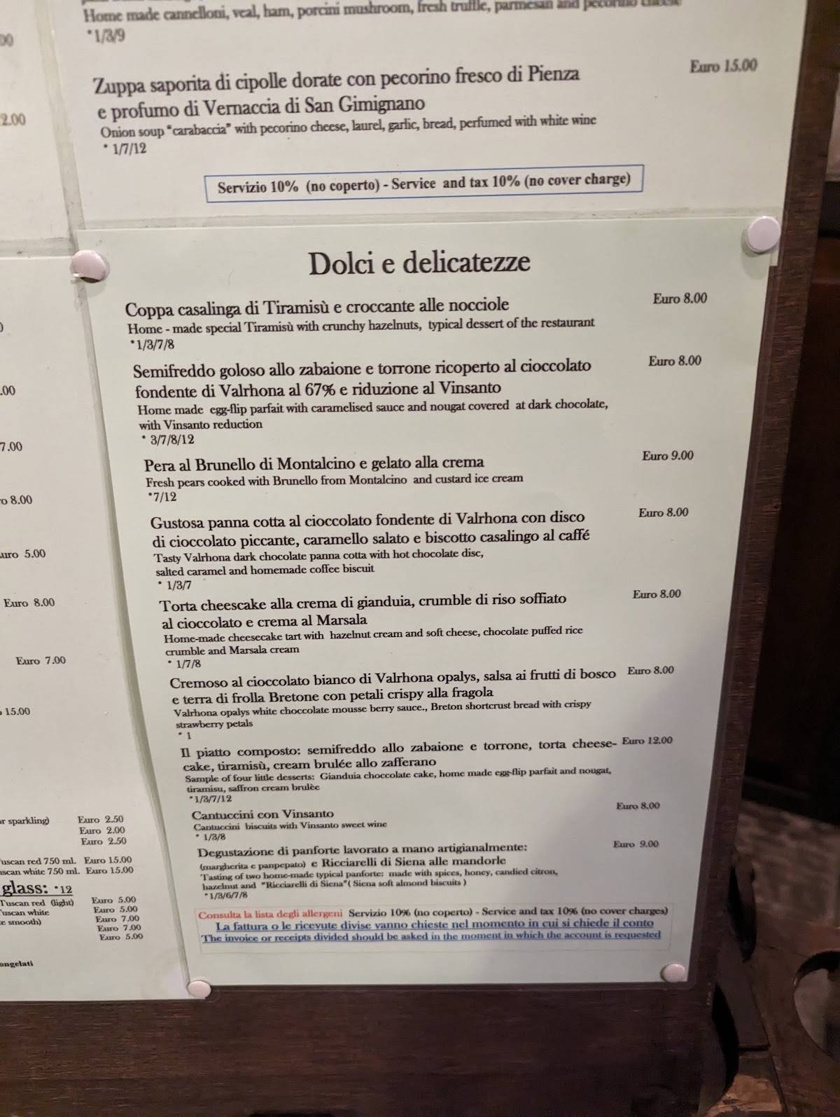 Menu at La Taverna di San Giuseppe restaurant, Siena
