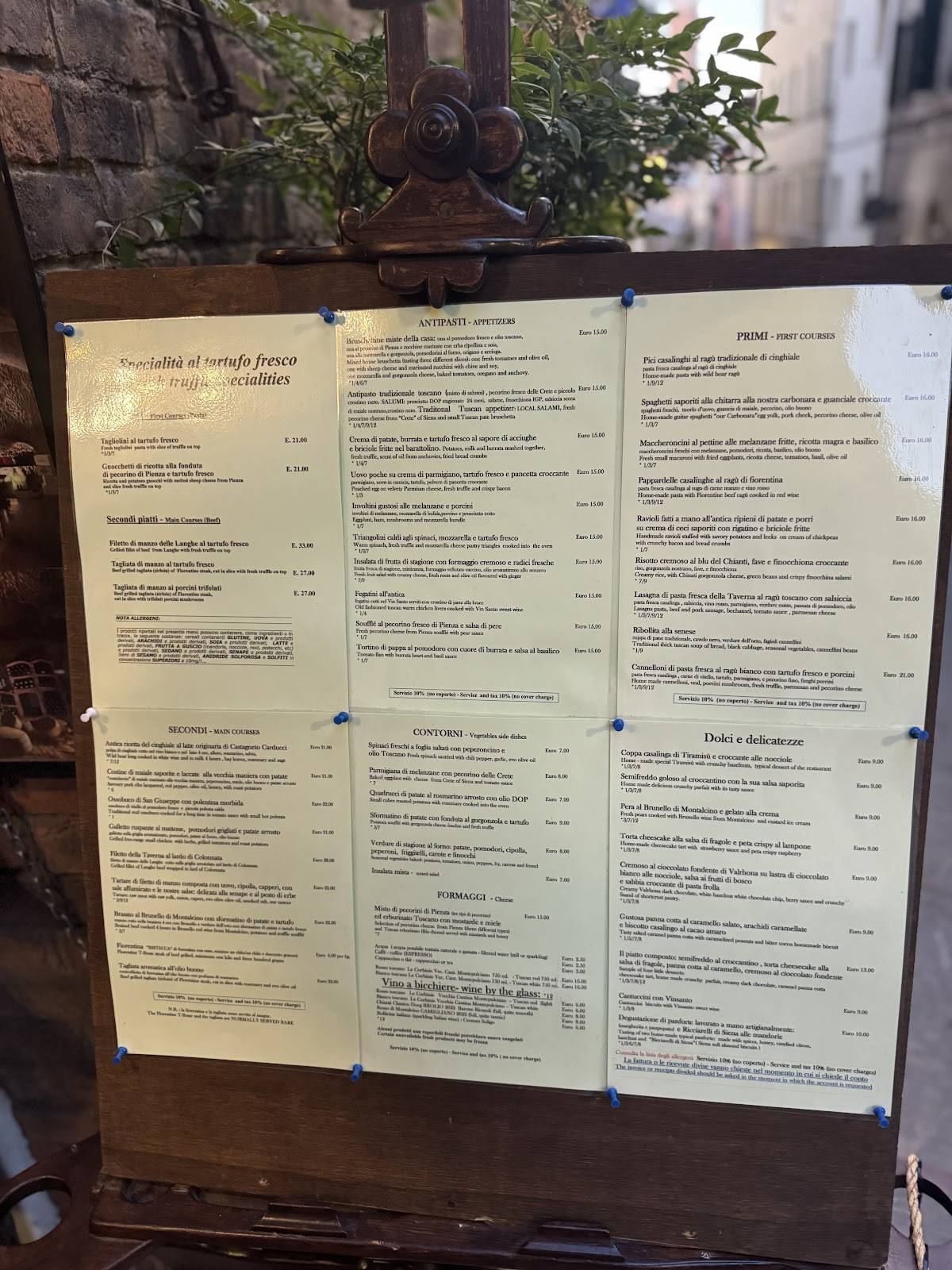 Menu at La Taverna di San Giuseppe restaurant, Siena