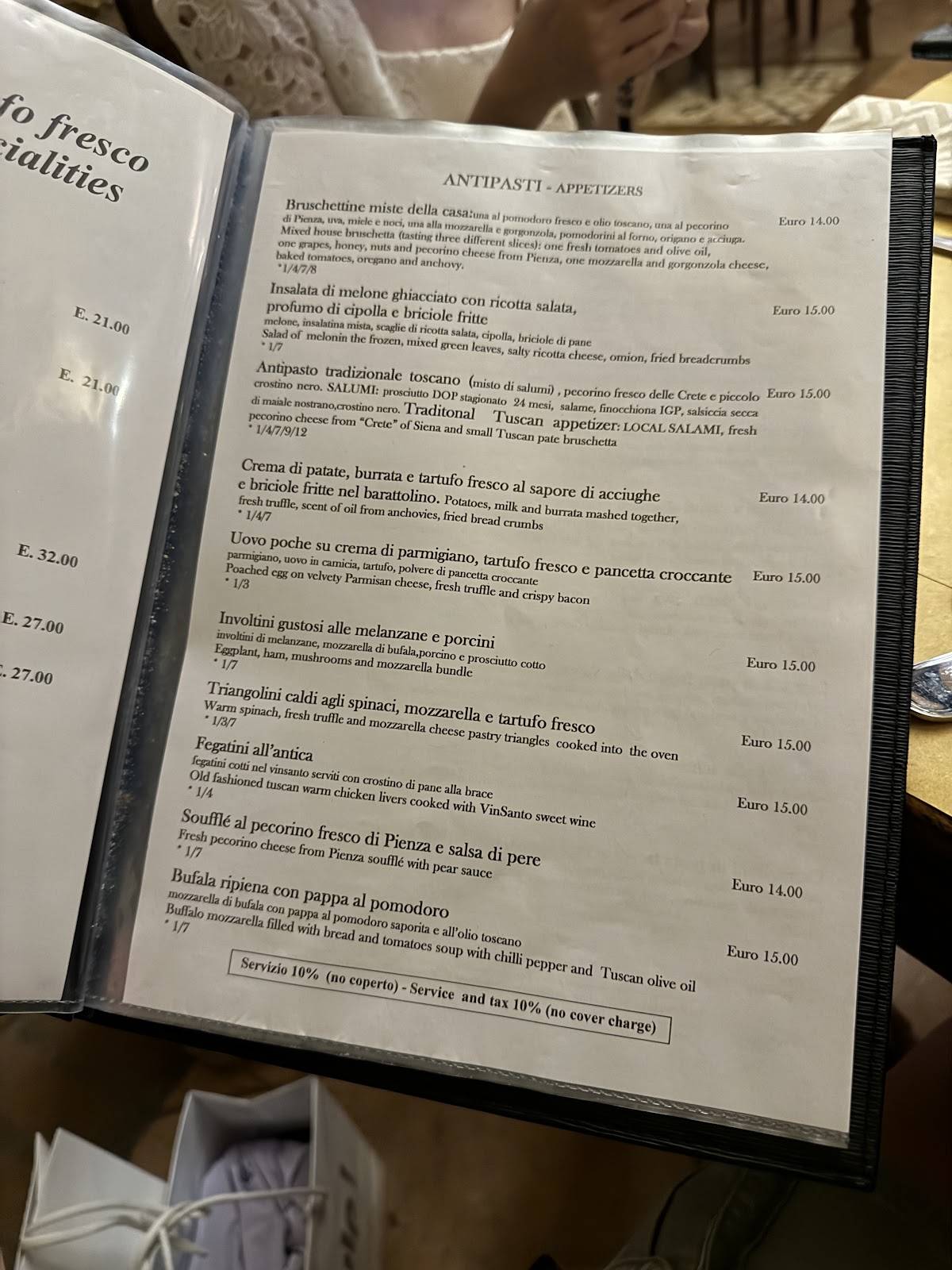 Menu at La Taverna di San Giuseppe restaurant, Siena