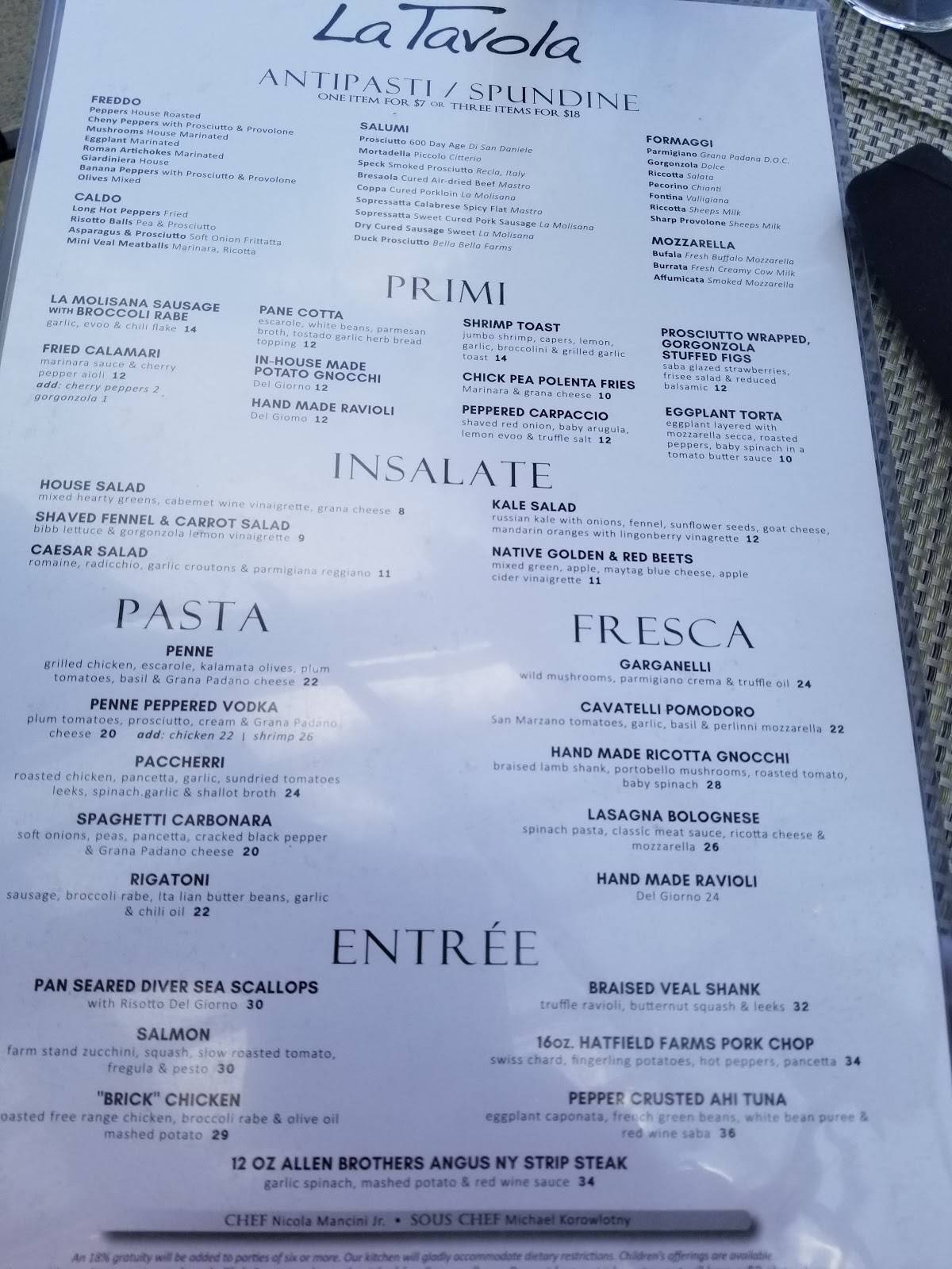 Menu at La Tavola restaurant, Waterbury