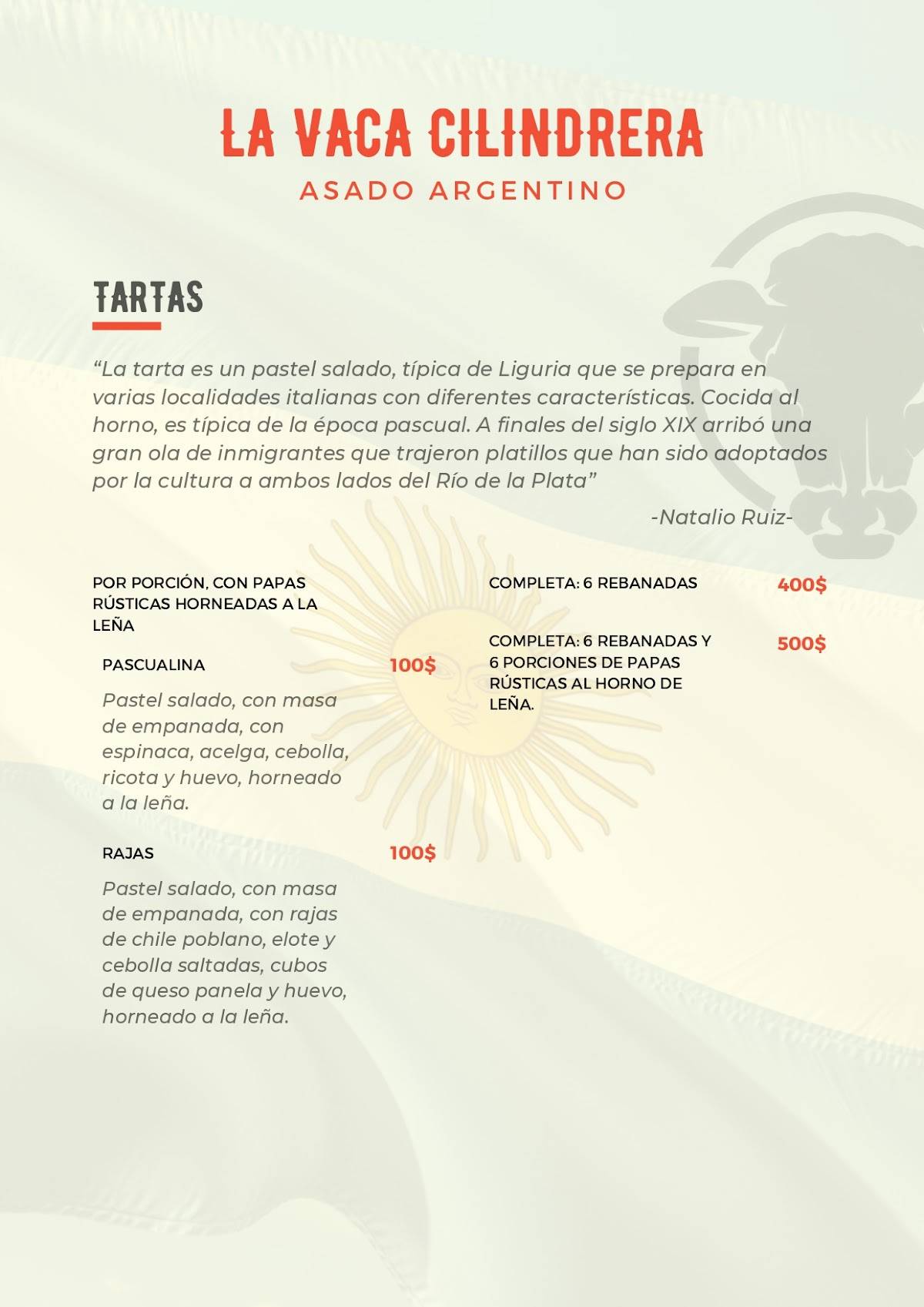 Carta del restaurante La Vaca Cilindrera, Juriquilla