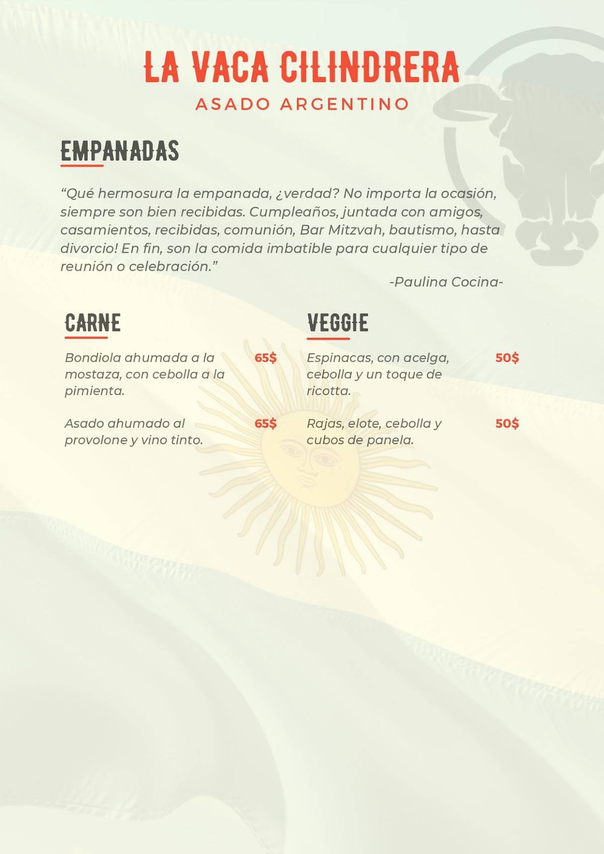 Carta del restaurante La Vaca Cilindrera, Juriquilla