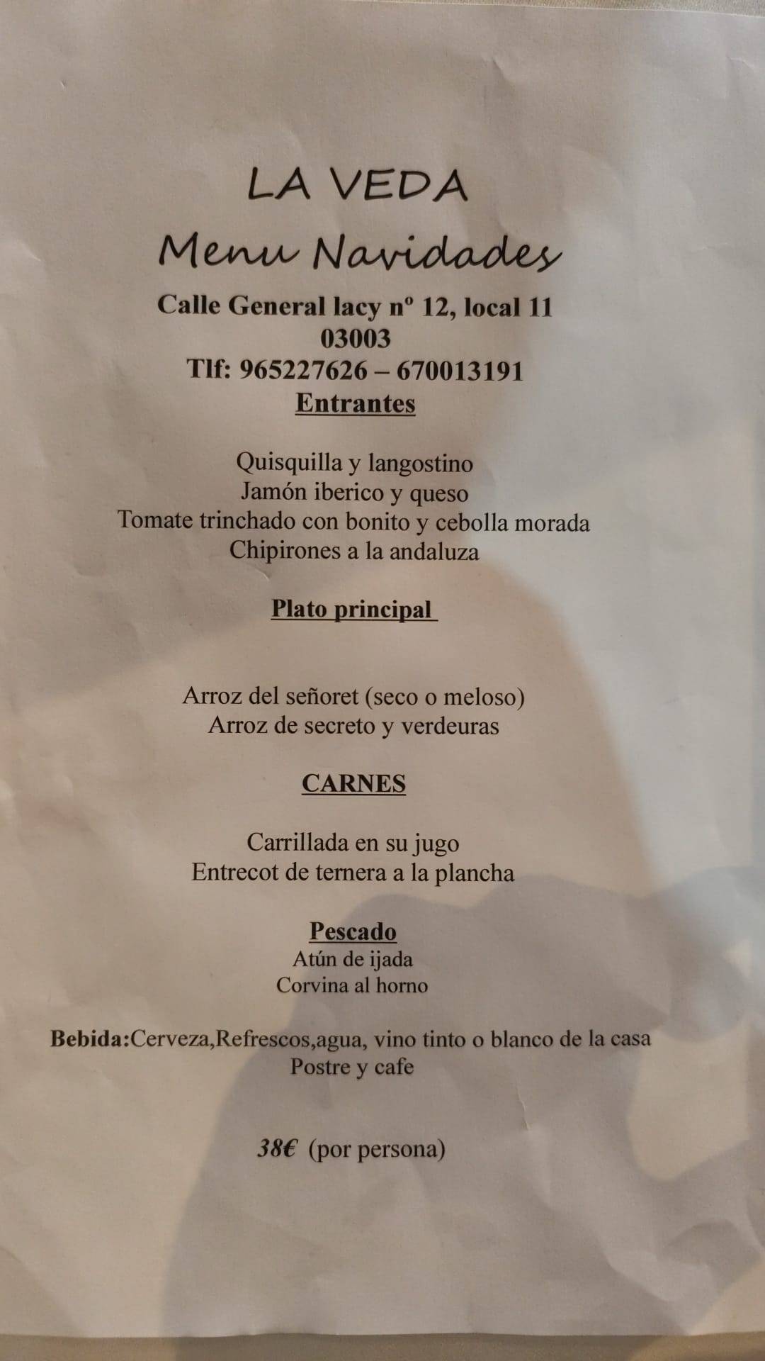 Menu at La Veda Arrocería restaurant, Alicante