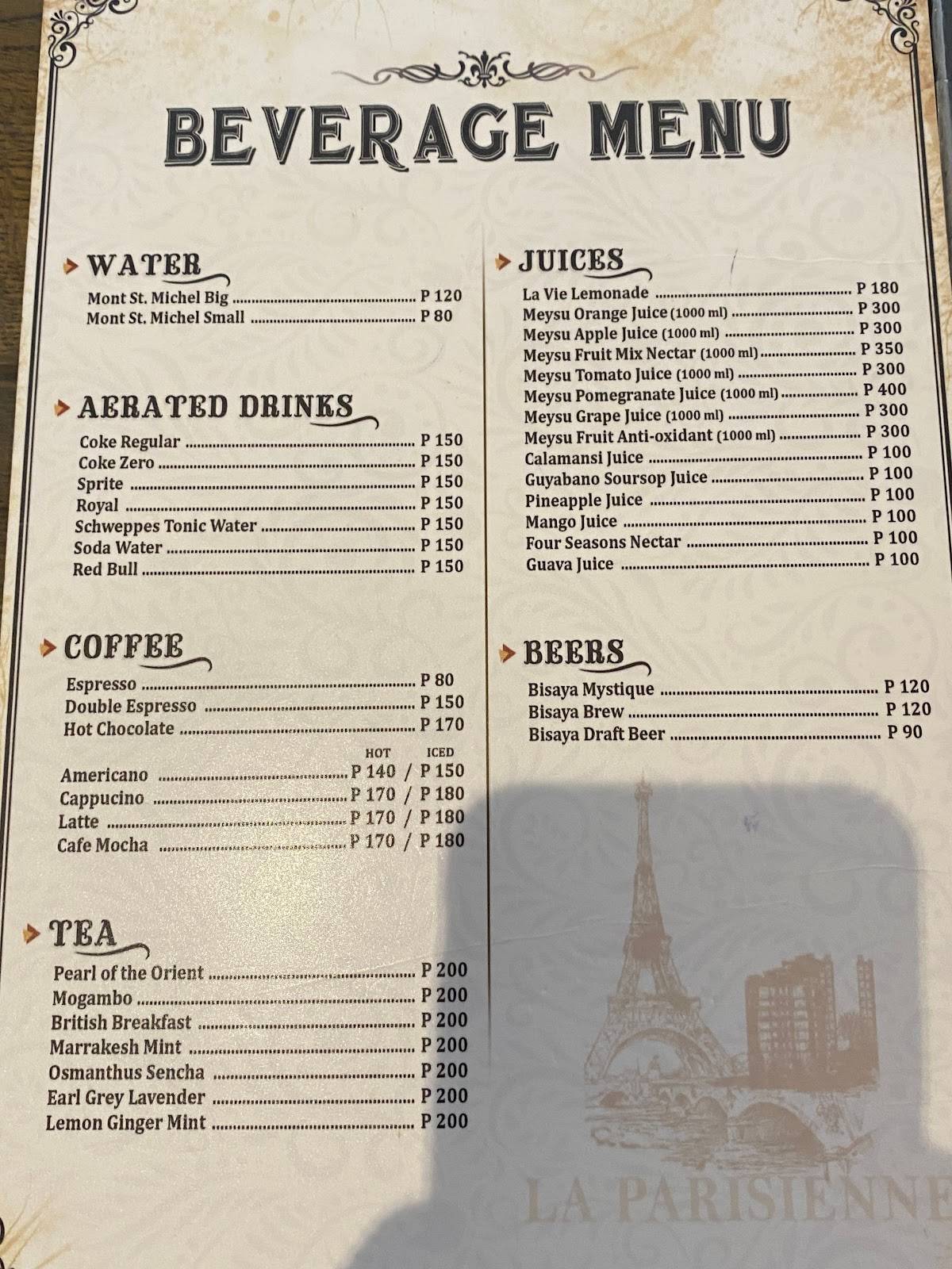 Menu at La Vie Parisienne restaurant, Cebu City, 371 Gorordo Ave