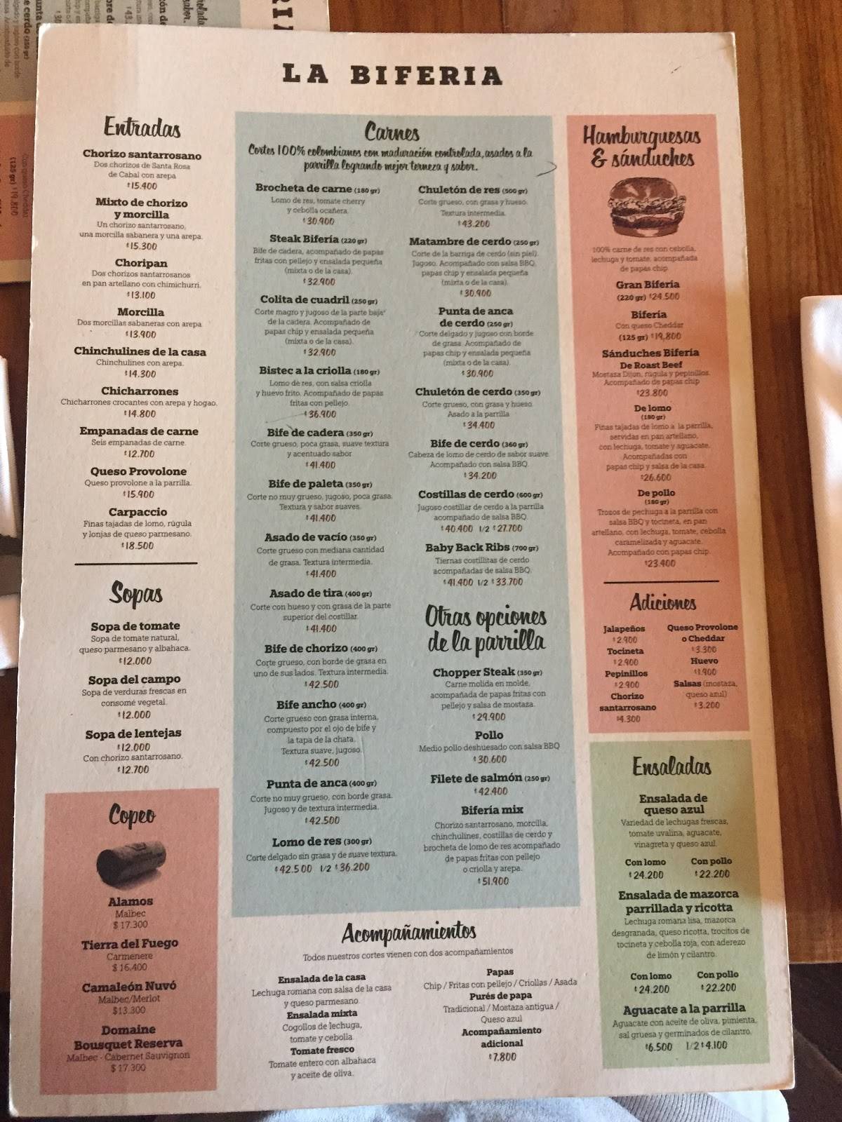 Carta del restaurante La Biferia C.C. Parque la colina, Bogotá, Carrera ...