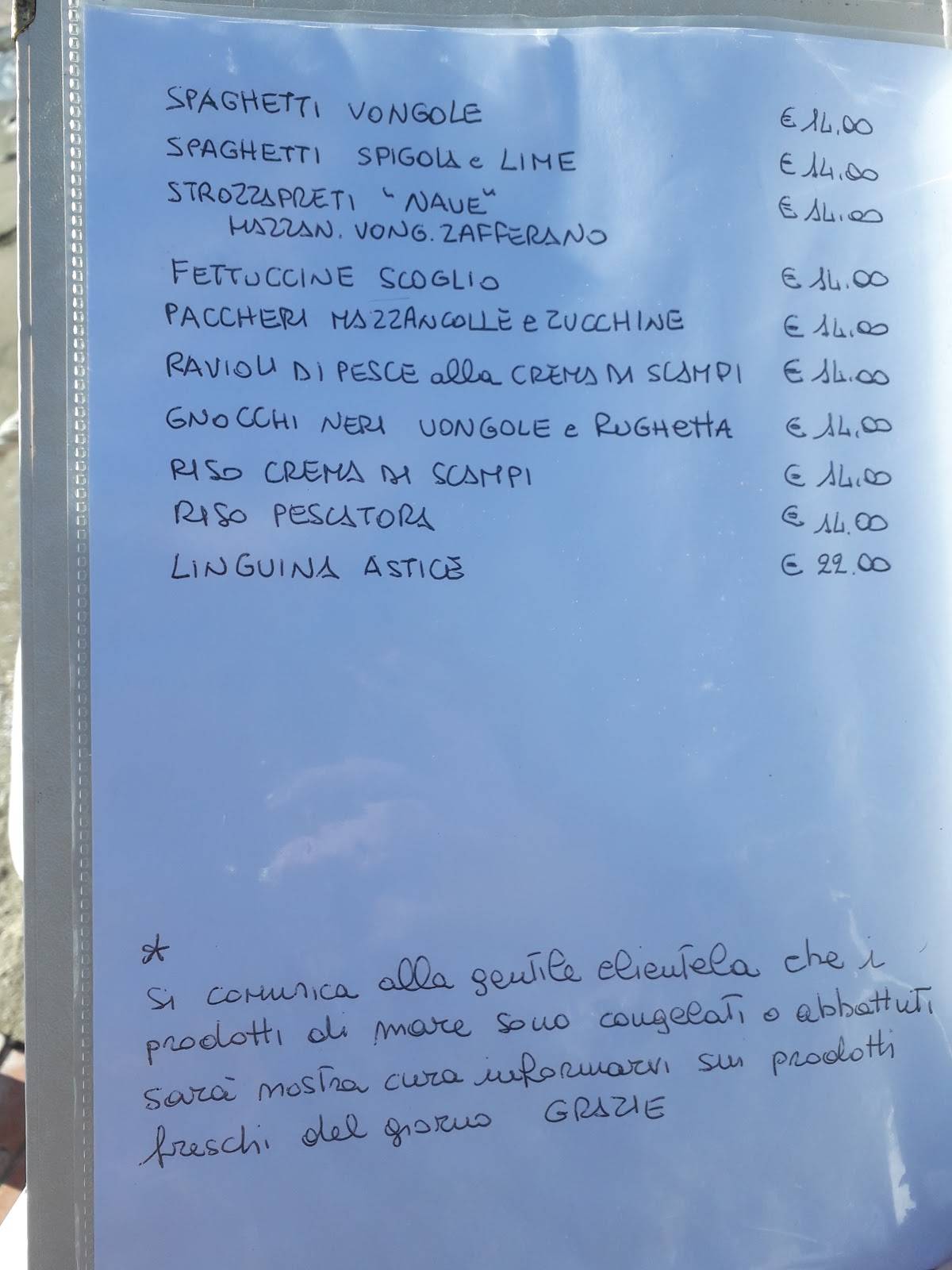 Menu da La nave ristorante, Fregene, Lungomare di Levante
