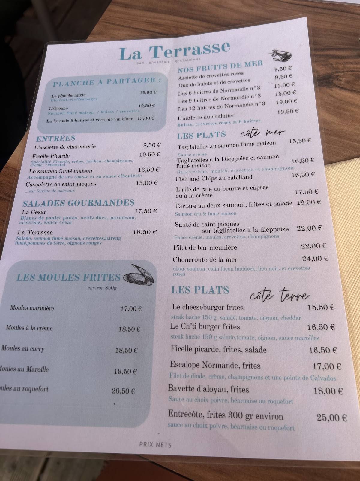 Menu au La terrasse restaurant, Mers-les-Bains