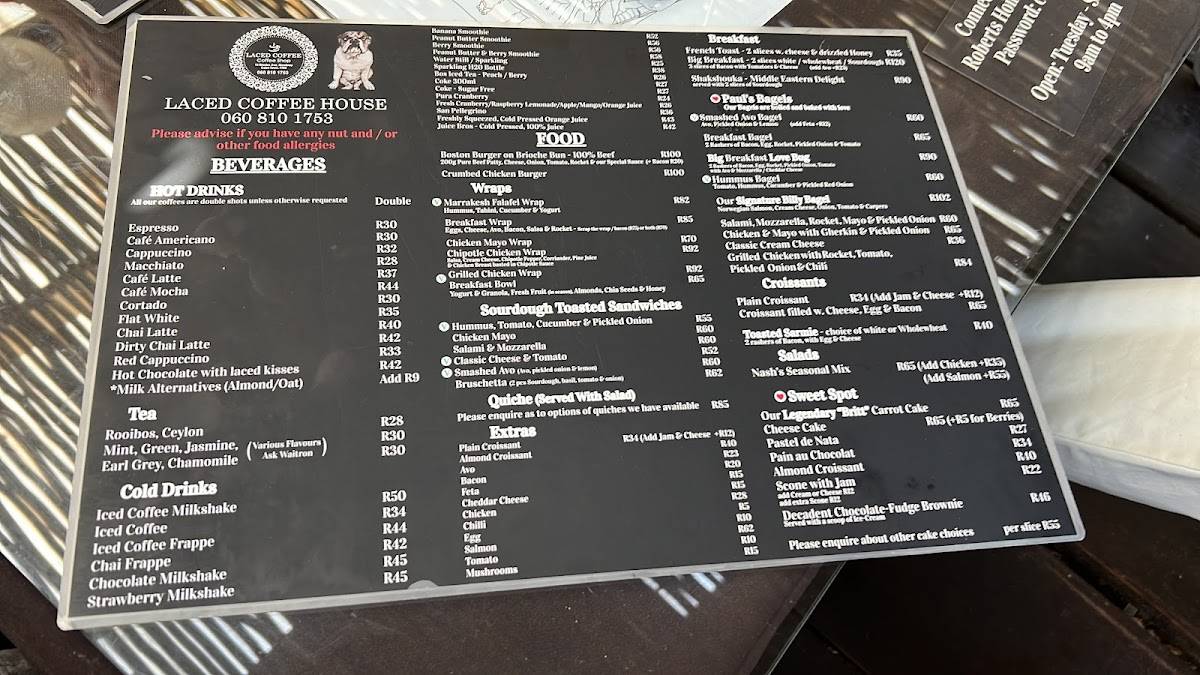 Menu at Laced Coffee House, Cape Town